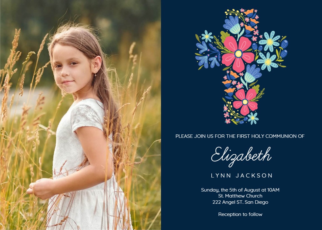 Flower Cross with Photo - First Holy Communion Invitation Template ...