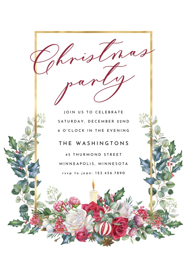 Golden Frame and Candle - Christmas Invitation Template | Greetings Island