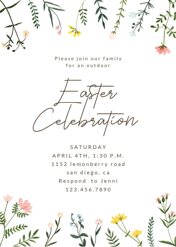 Wildflower Watercolor Border - Easter Invitation Template | Greetings ...