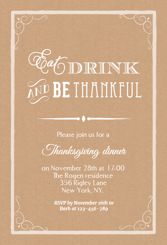 Eat Drink And Be Thankful Thanksgiving Invitation Template Free