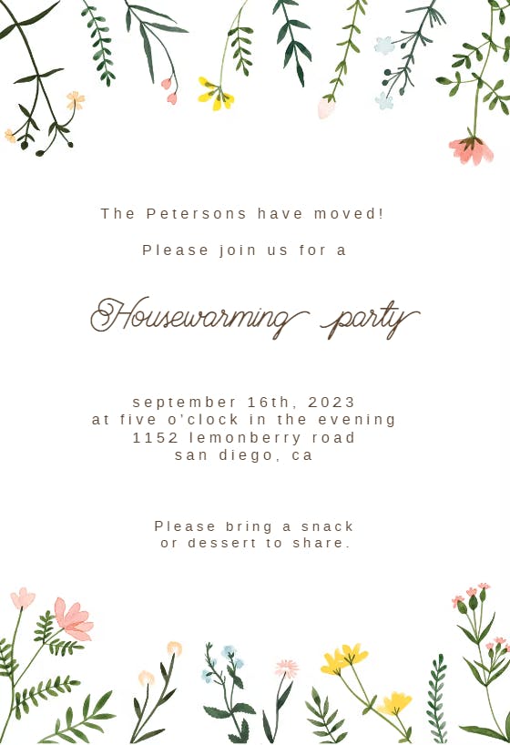 Wildflower Watercolor Border - Housewarming Invitation Template ...