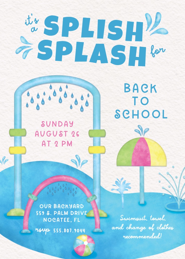 Splash Zone - Back to School Invitation Template (Free) | Greetings Island