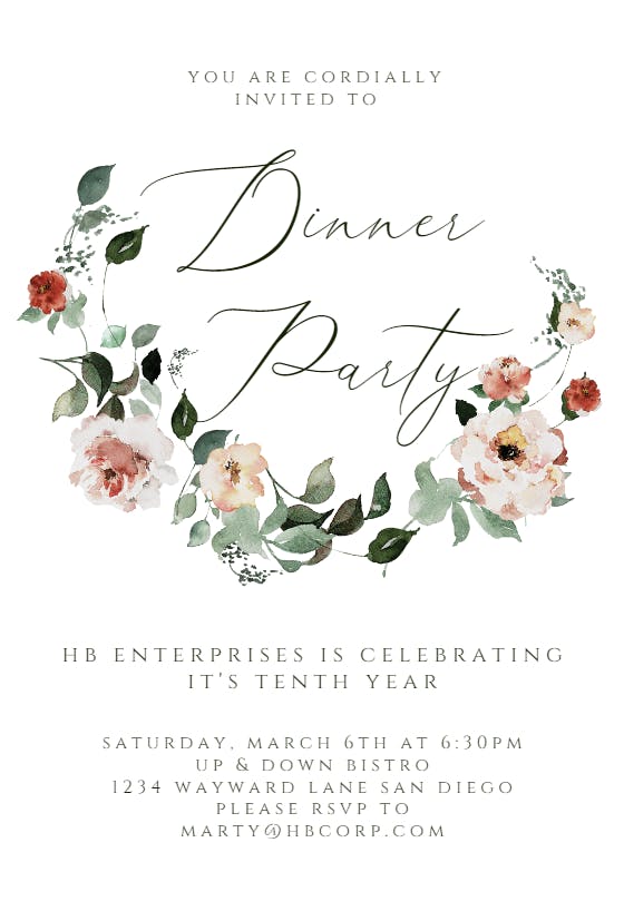 Floral Wreath - Dinner Party Invitation Template | Greetings Island
