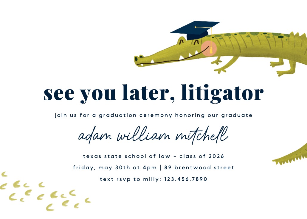 Later Litigator - Graduation Party Invitation Template | Greetings Island