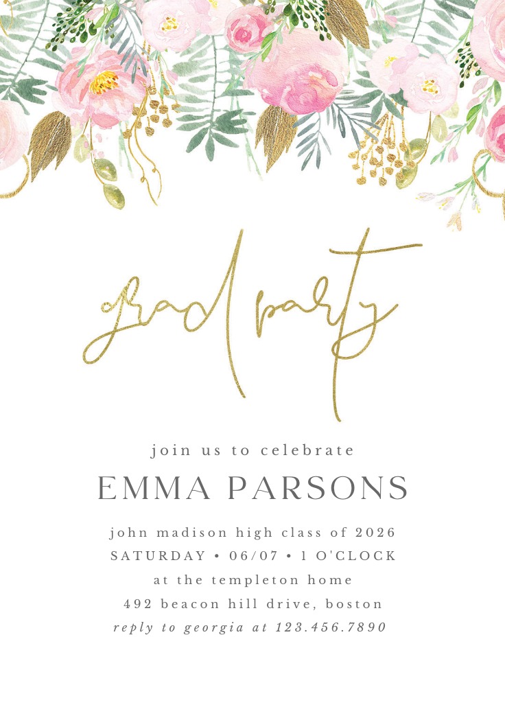 Whimsical pink & gold flowers - Graduation Party Invitation Template ...