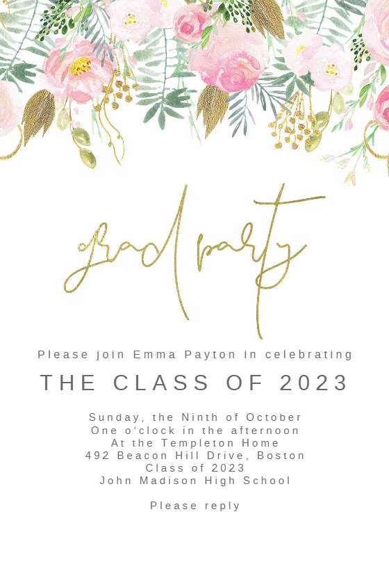 Whimsical Pink & Gold Flowers - Graduation Party Invitation Template ...