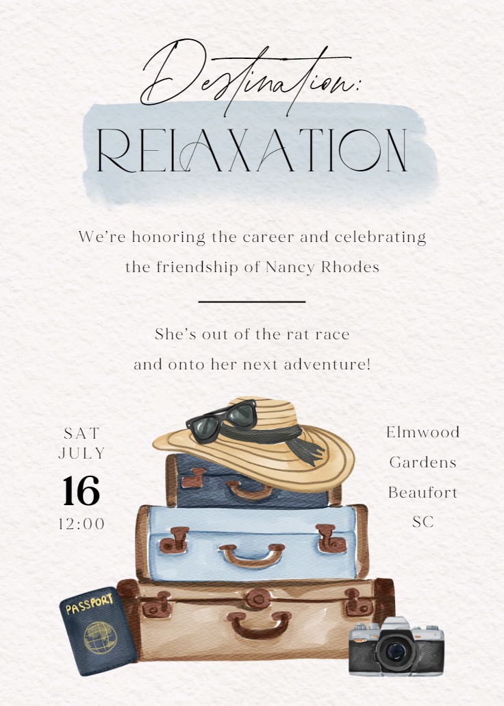 Vacation Retreat - Retirement & Farewell Party Invitation Template ...