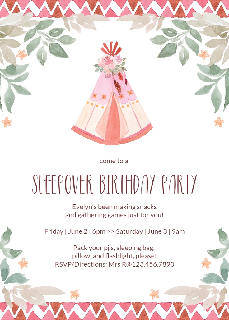 Boho Tipi tent - Sleepover Party Invitation Template (Free) | Greetings ...