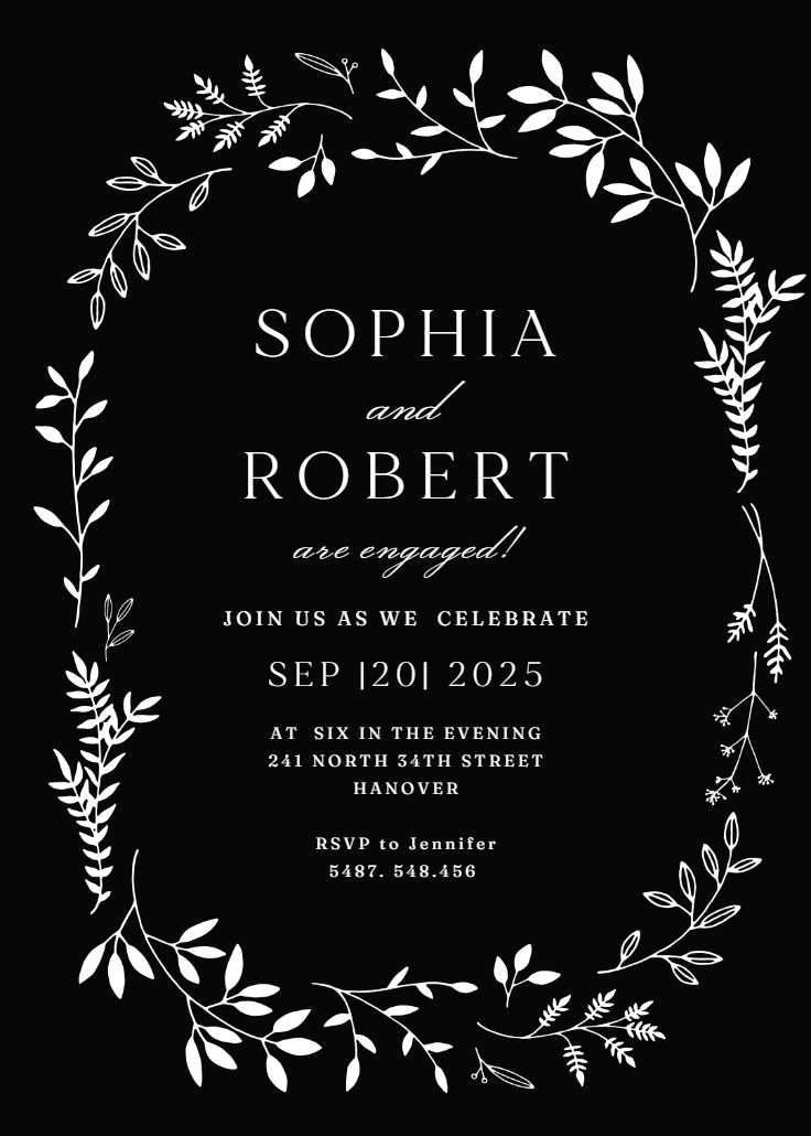 Black Ink leaves - Engagement Party Invitation Template | Greetings Island