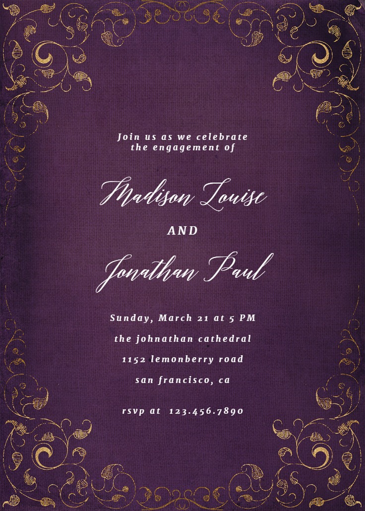 Swirls and Frames Purple - Engagement Party Invitation Template ...