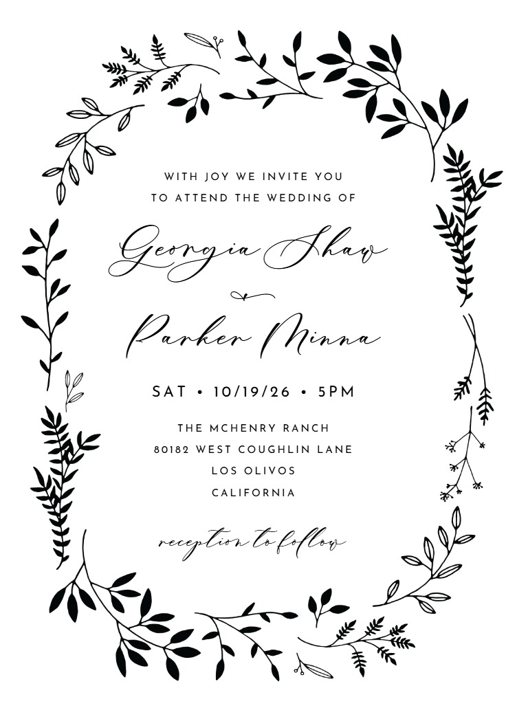 Black Ink leaves - Wedding Invitation Template | Greetings Island