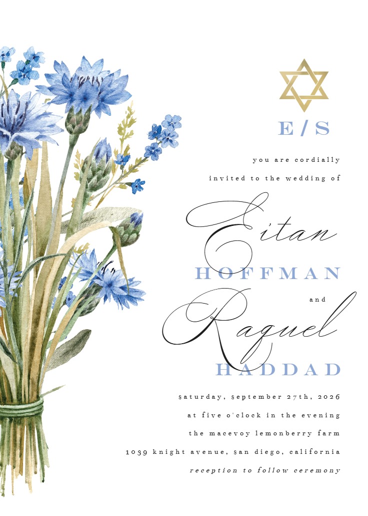Blue Bouquet Jewish - Wedding Invitation Template | Greetings Island