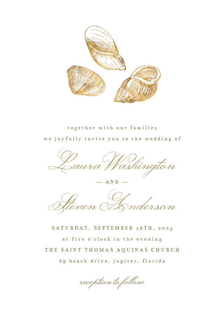 Gold Seashells - Wedding Invitation Template (Free) | Greetings Island