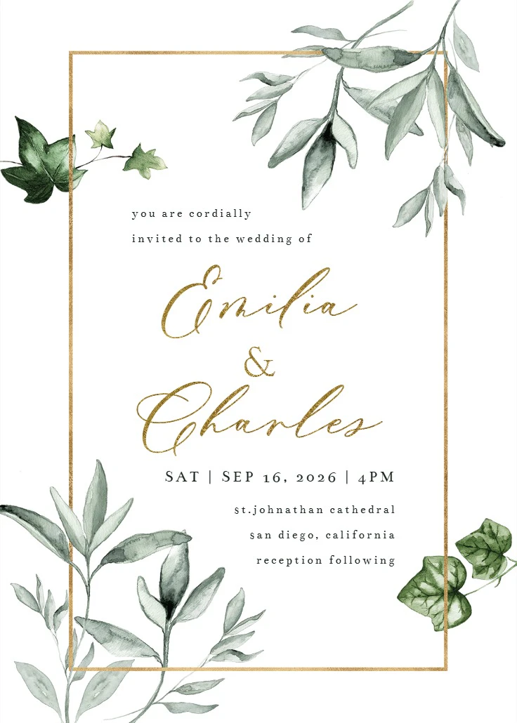 Greenery and Gold Frame - Wedding Invitation Template | Greetings Island