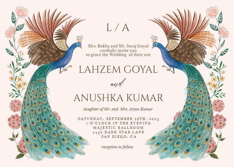 Peacocks And Flowers Wedding Invitation Template Greetings Island