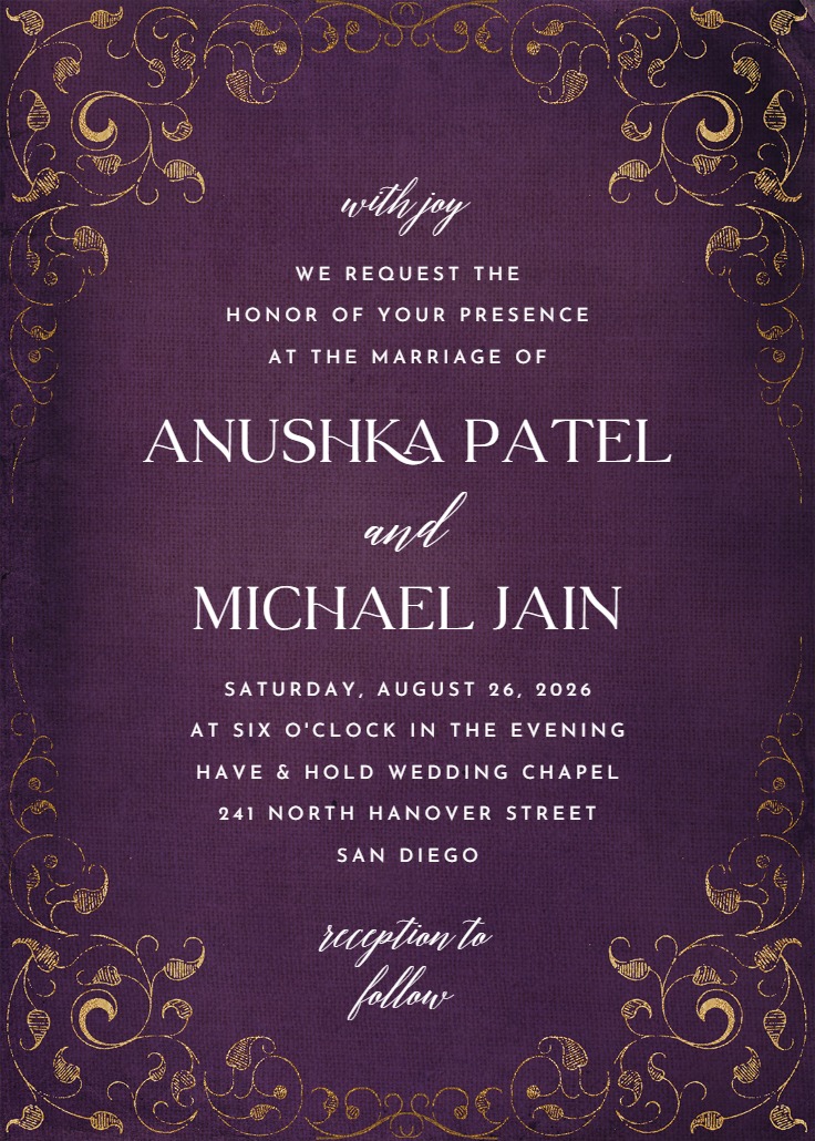 Swirls and Frames Purple - Wedding Invitation Template | Greetings Island