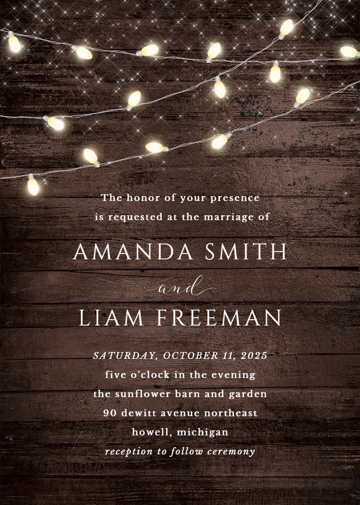 Wood and string lights - Wedding Invitation Template | Greetings Island