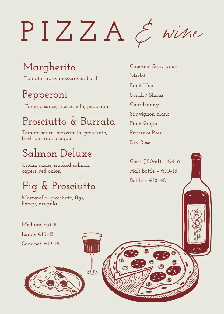 Pizza and Wine - Menu Template (Free) | Greetings Island