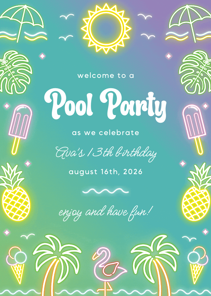 Neon Pool Lights - Birthday Poster Template | Greetings Island